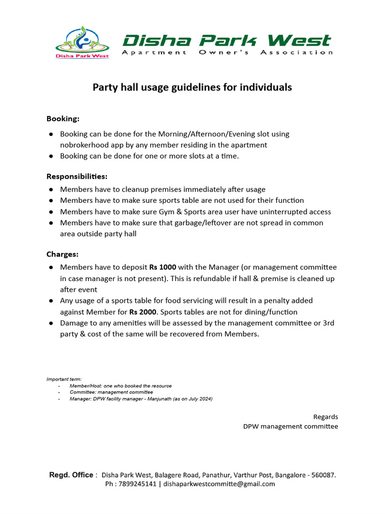 Party Hall Usage Guideline | PDF