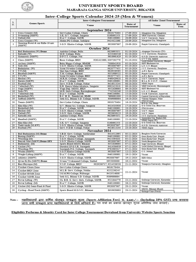 Inter College Sports Calendar 2024-25 With ID Card | PDF