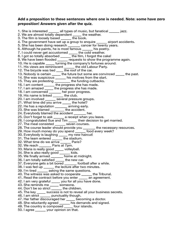 Dependent Prepositions HW | PDF