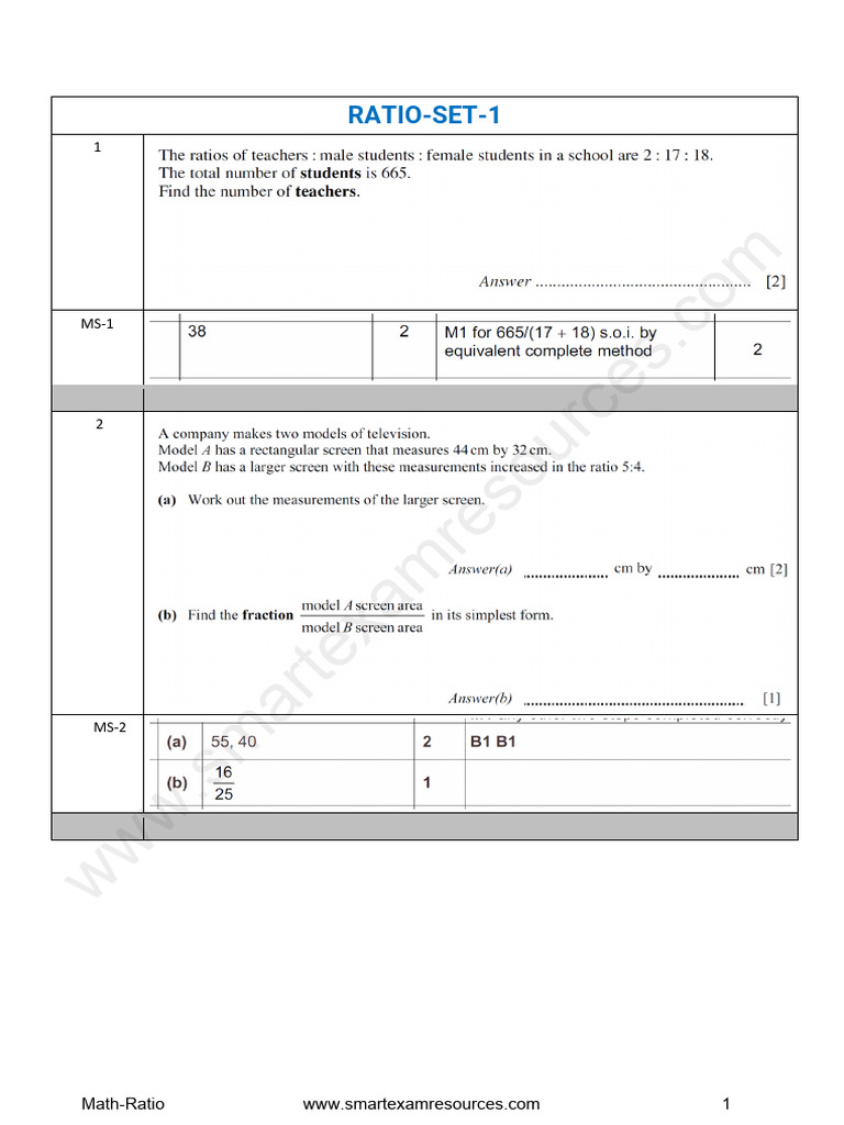1.9.1 Ratio Topic Questions Set 1 QP Ms | PDF