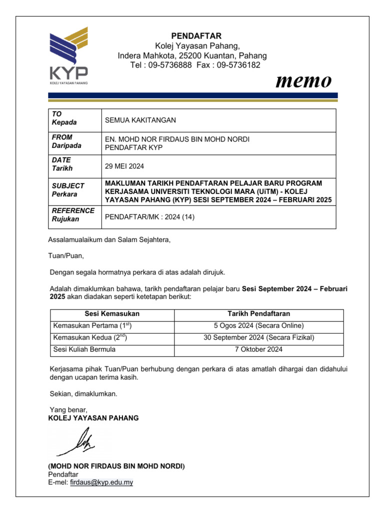 MEMO Intake (UiTM) - KOLEJ YAYASAN PAHANG (KYP) SESI SEPTEMBER 2024 ...