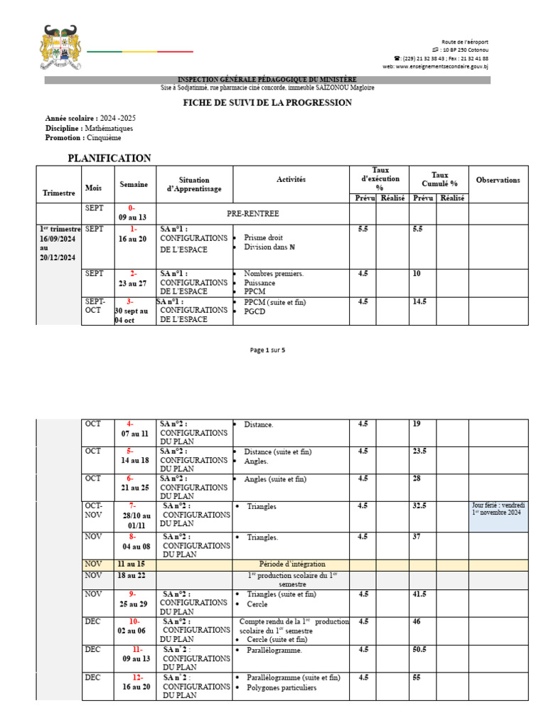 5e-FICHE DE SUIVI DE PROGRESSION - 2024-2025 | PDF