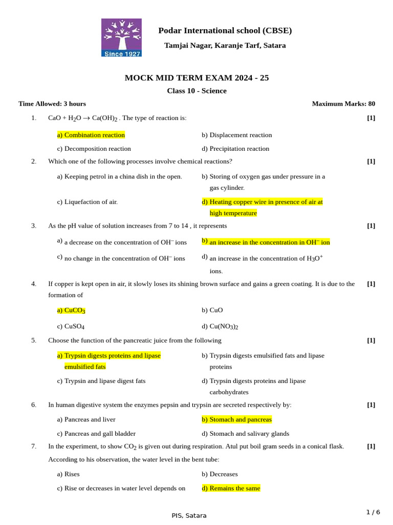 Grade X Science Mock Mid Term Exam Paper | PDF