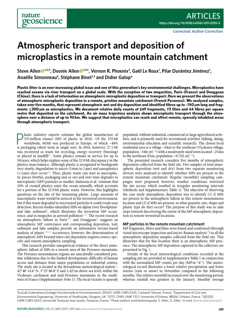Atmospheric Transport and Deposition of Microplastics in a Remote Mountain Catchment | PDF