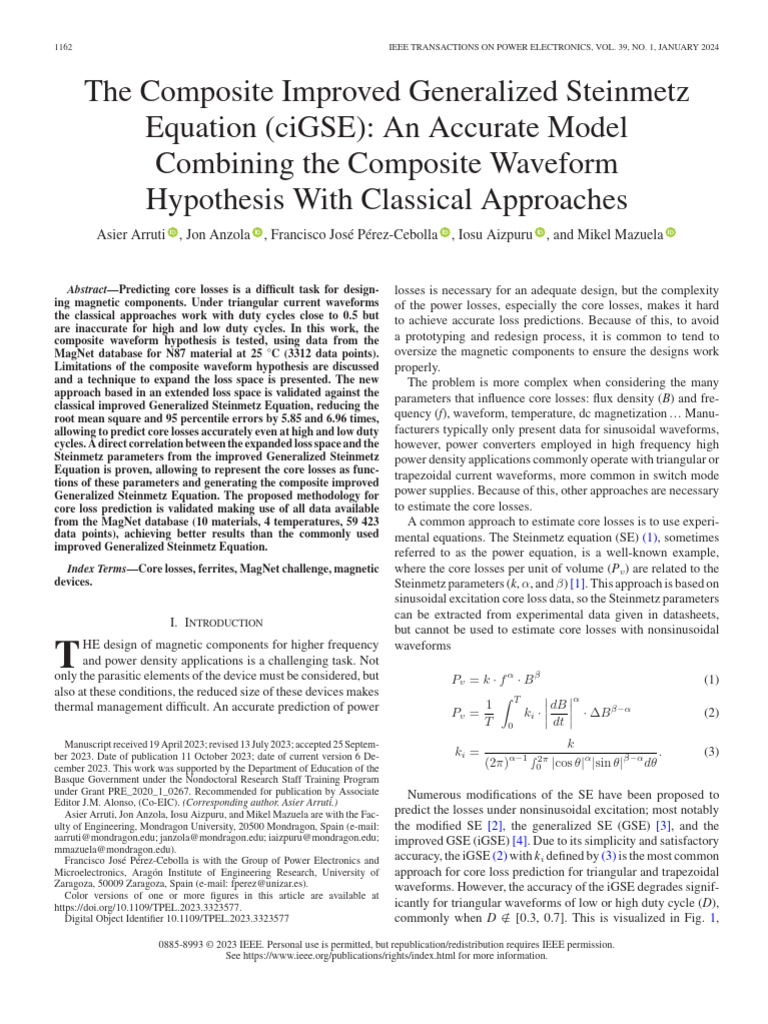 The Composite Improved Generalized Steinmetz Equation CiGSE An Accurate Model Combining The ...