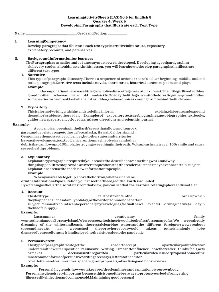 Eng8-Q4-Week-6-Developing-Paragraphs-that-Illustrate-each-Text-Type | PDF