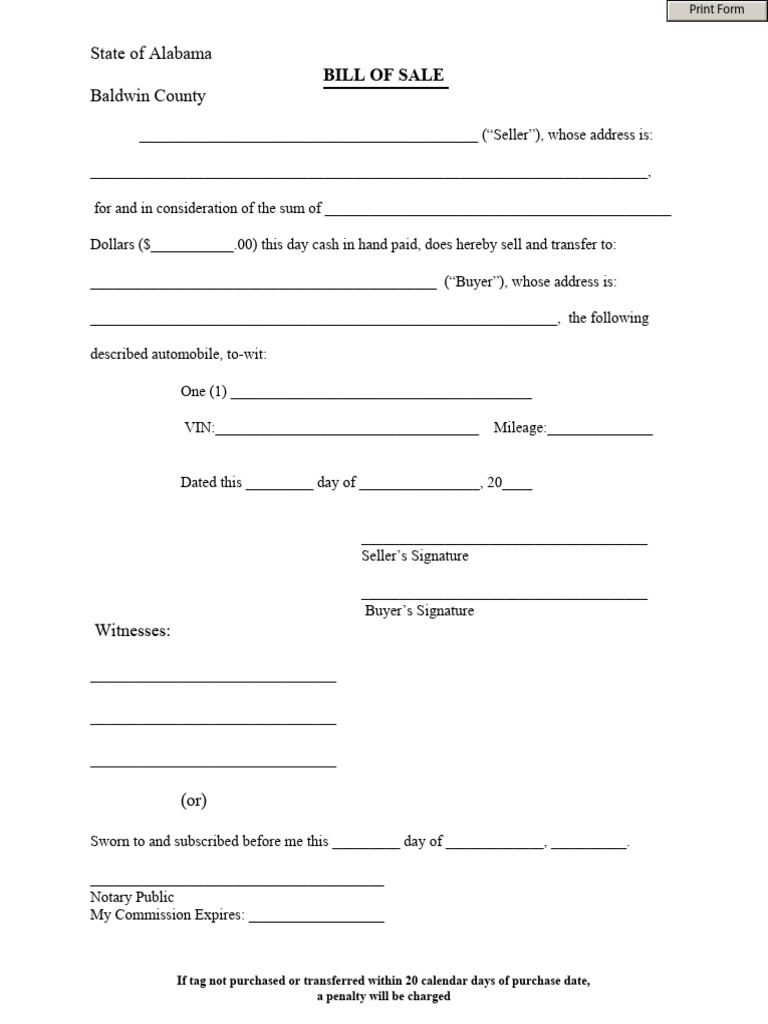 Baldwin County Alabama Bill of Sale Form | PDF