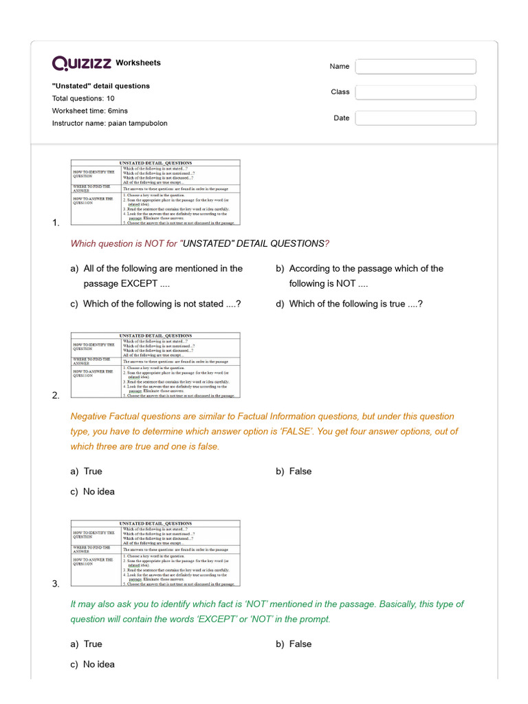 Unstated - Detail Questions - Quizizz | PDF