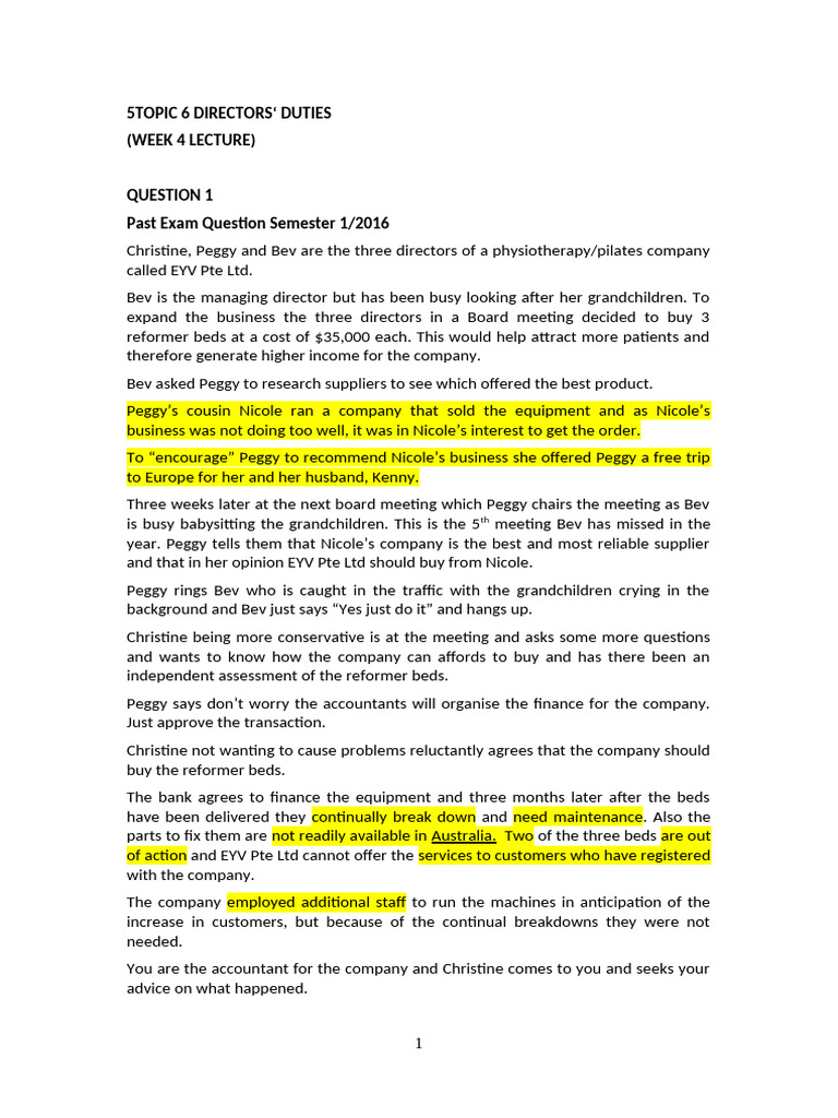 Topic 6 - Directors' Duties Tutorial Questions and Answers | PDF