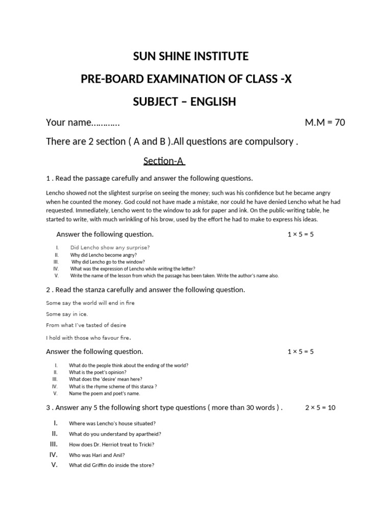 Class 10th Pre-Board Examination Papaer | PDF