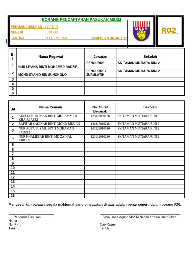 Borang r02 Catur Perempuan | PDF