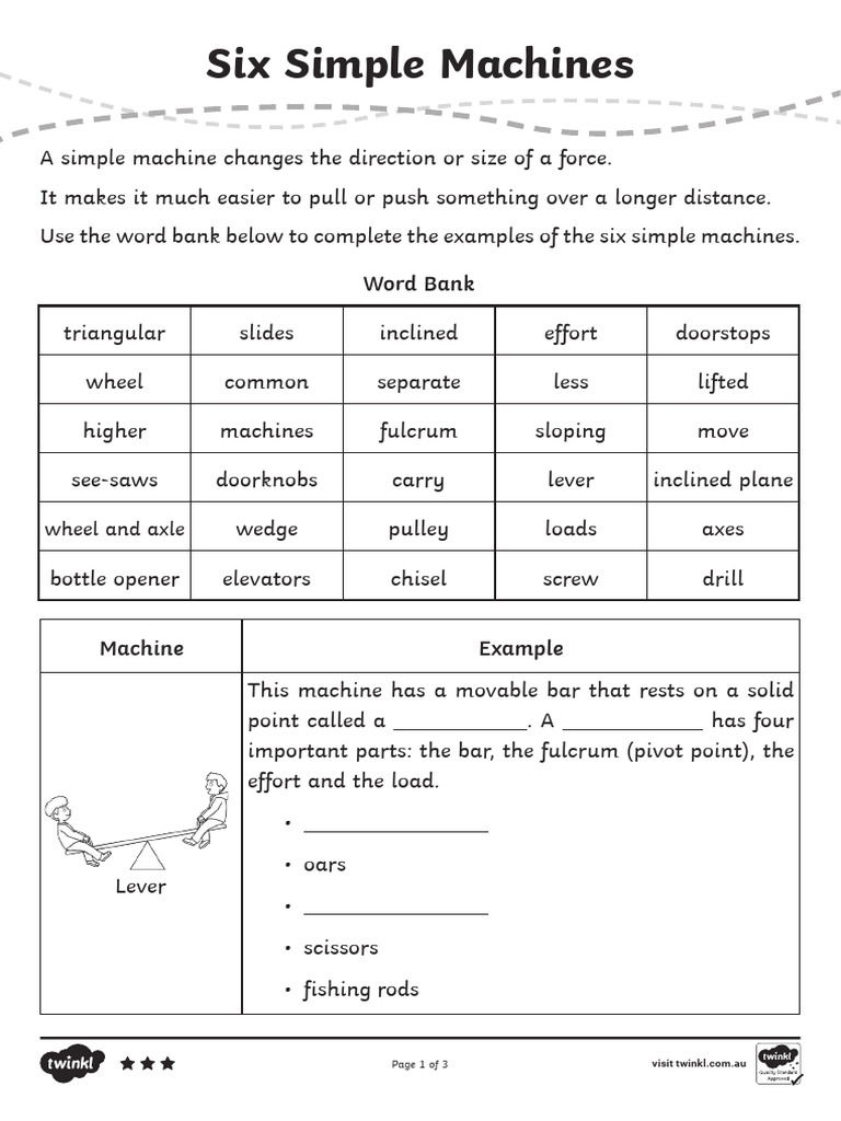 Simple Machine Cloze Worksheet 3 | PDF | Machines | Lever