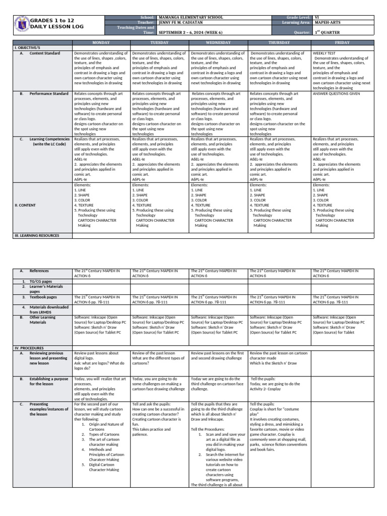 DLL - Mapeh 6 - Q1 - W6 | PDF DLL - Mapeh 6 - Q1 - W6 | PDF