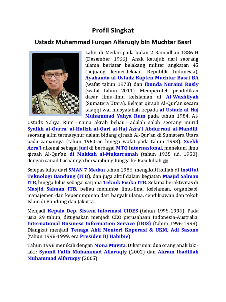 Profil Ustadz Muhammad Furqan Alfaruqiy | PDF | Islamic Ethics ...
