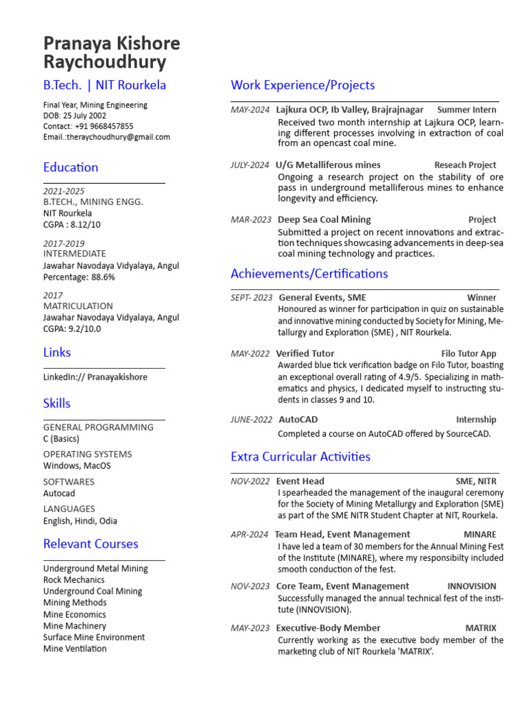 121MN1059 Pranaya Kishore 1 Page CV | PDF