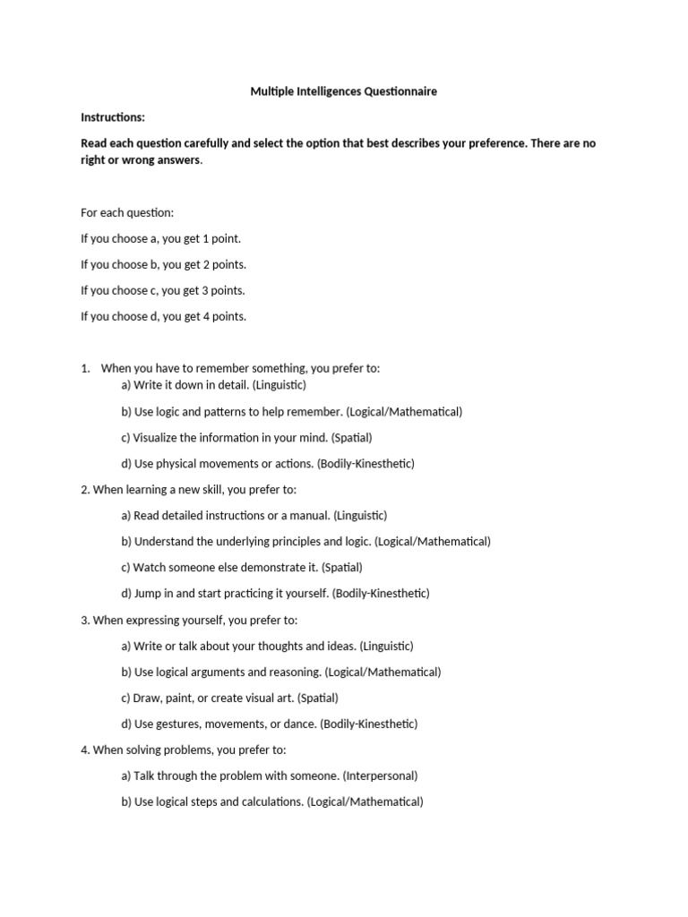 Multiple Intelligences Questionnaire | PDF