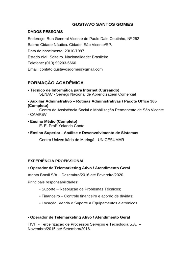 CV GUSTAVO SANTOS GOMES CV ATUAL 2 | PDF