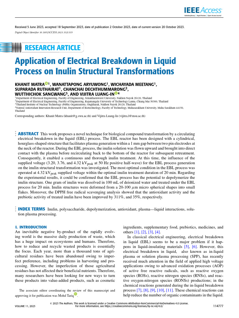 Application of Electrical Breakdown in Liquid Process On Inulin ...
