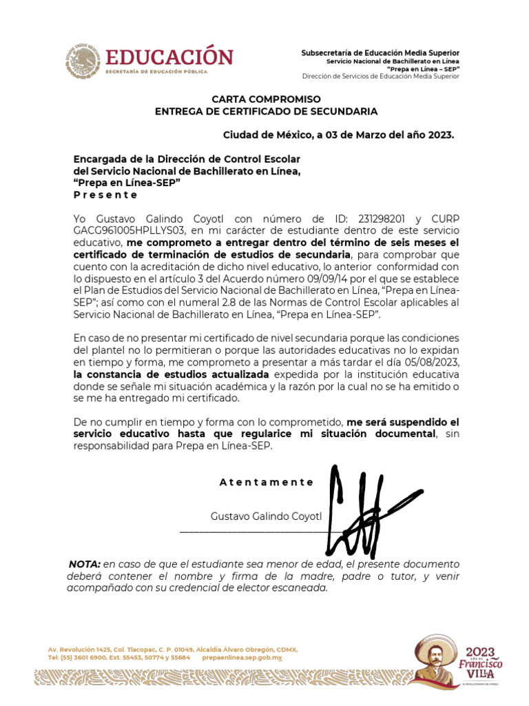 Carta Firmada | PDF | Educación Secundaria | Documento de identidad