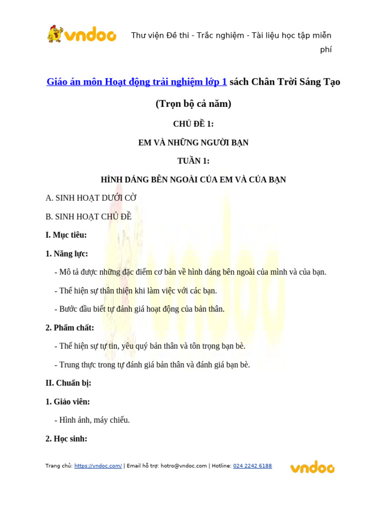 Giao An Mon Hoat Dong Trai Nghiem Lop 1 Sach Chan Troi Sang Tao 1 | PDF