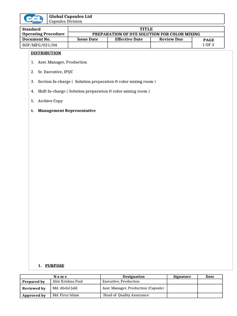 Dye Solution Preparation SOP | PDF