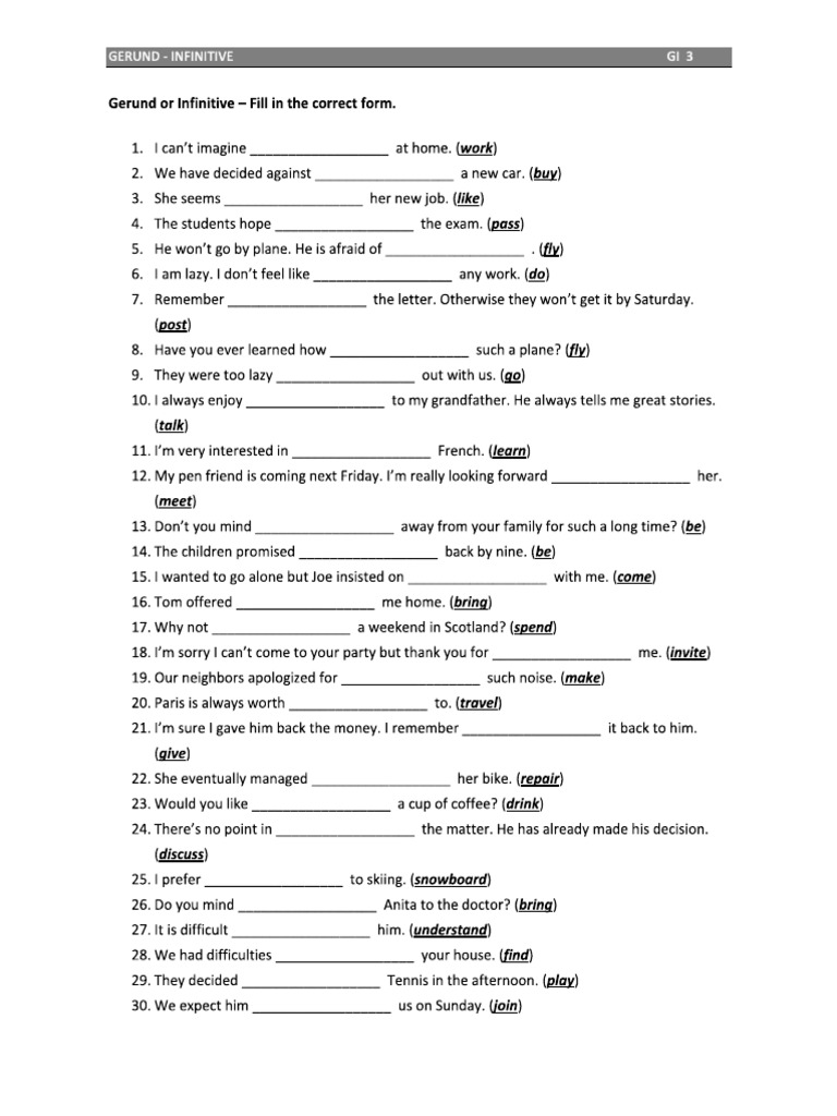 Gerund Infinitives Worksheet1 | PDF