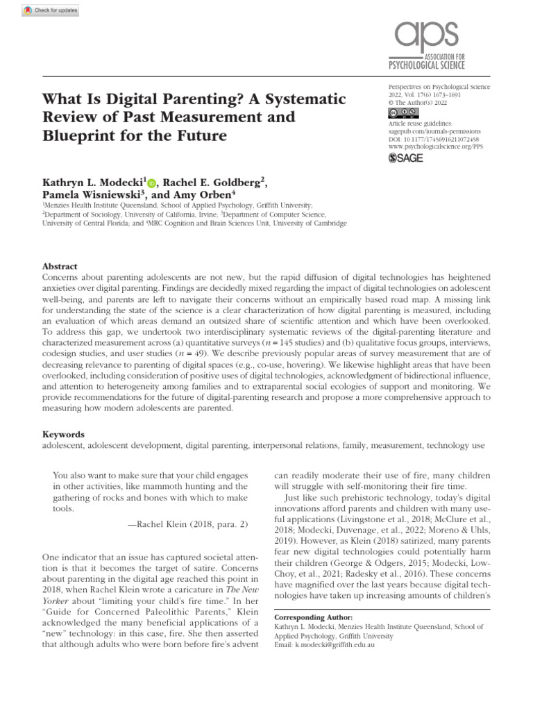 Modecki Et Al 2022 What Is Digital Parenting A Systematic Review of Past Measurement and ...
