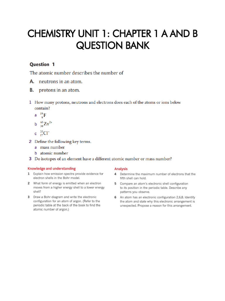 Chemistry Unit 1 Chapter 1 Question Bank | PDF