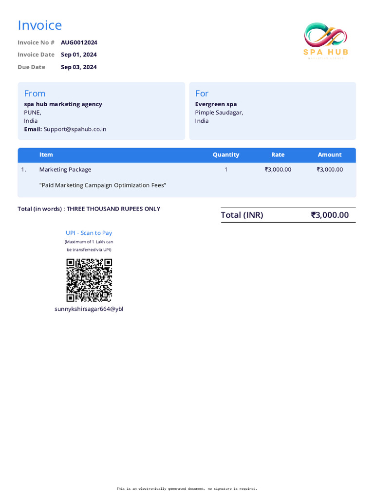 Invoice Aug0012024 Spa Hub Marketing Agency Evergreen Spa | PDF