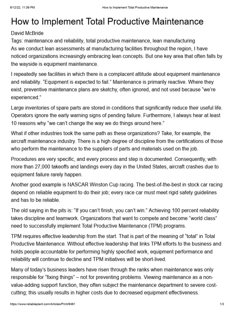 How To Implement Total Productive Maintenance | PDF