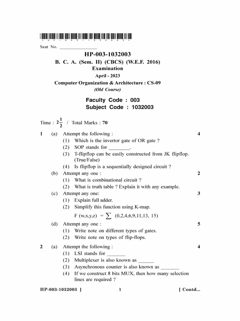 Bca Sem-2 (2016) April-2023 Cs - 09 Computer Organization & Architecture | PDF