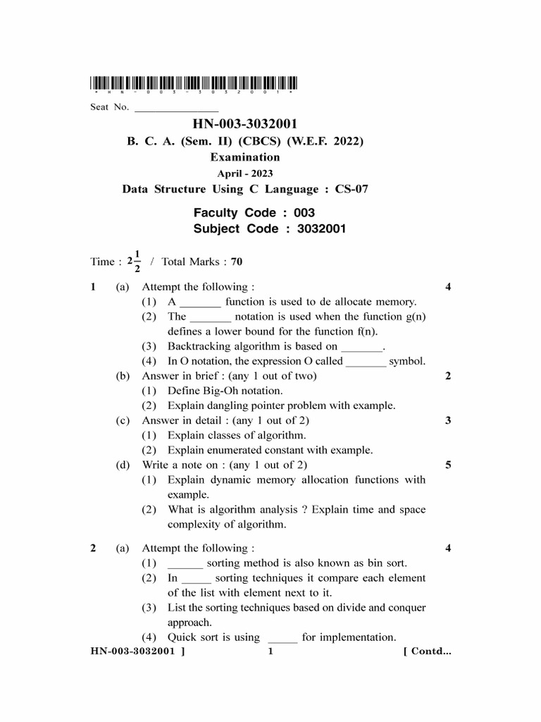 Bca Sem-2 (2022) April-2023 Cs-07 Data Structure Using C Language | PDF