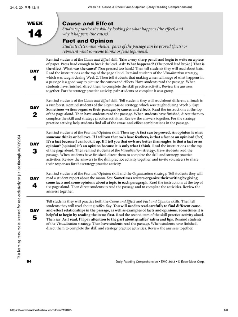 Week 14 - Cause & Effect - Fact & Opinion (Daily Reading Comprehension ...