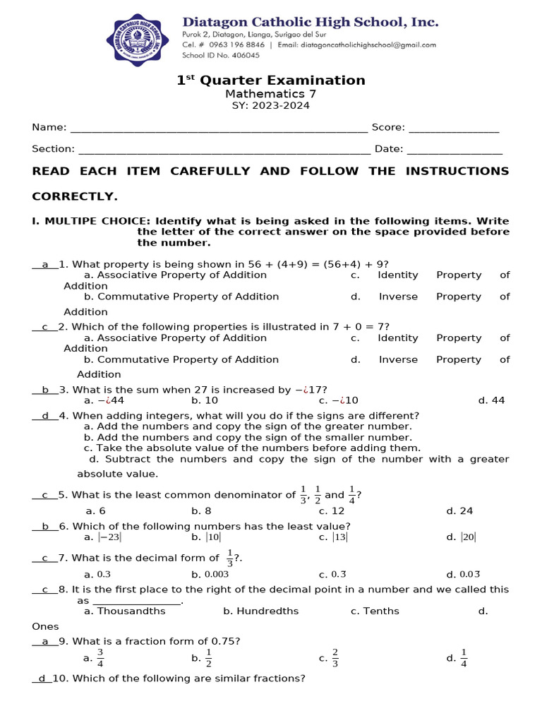 1st Quarter Math 7-AK | PDF