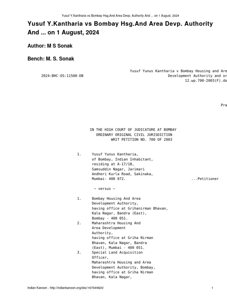 Yusuf Y Kantharia Vs Bombay HSG and Area Devp Authority and On 1 August ...