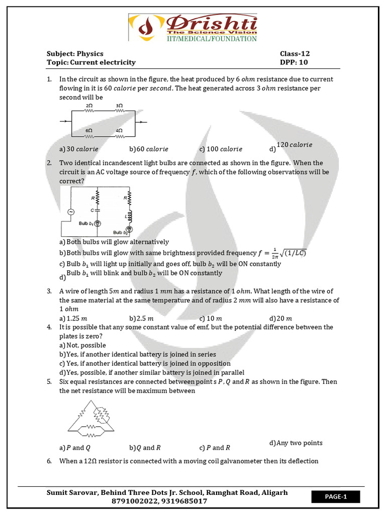 Current Electricity DPP 10 | PDF