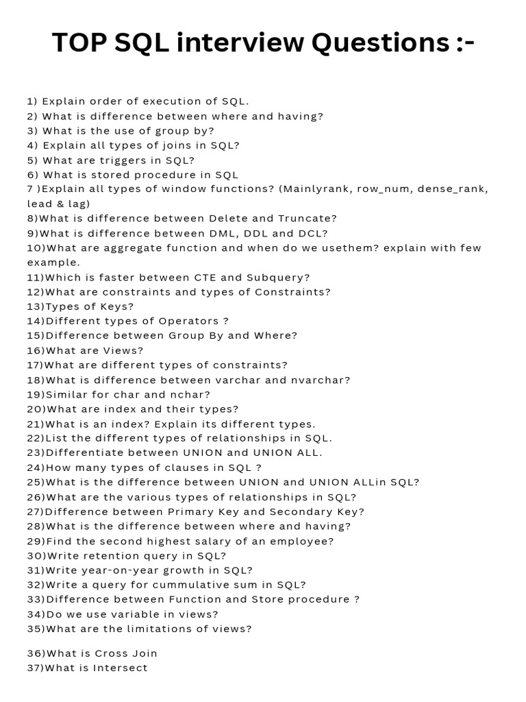 Here Is The Listof SQL Interview Questions | PDF