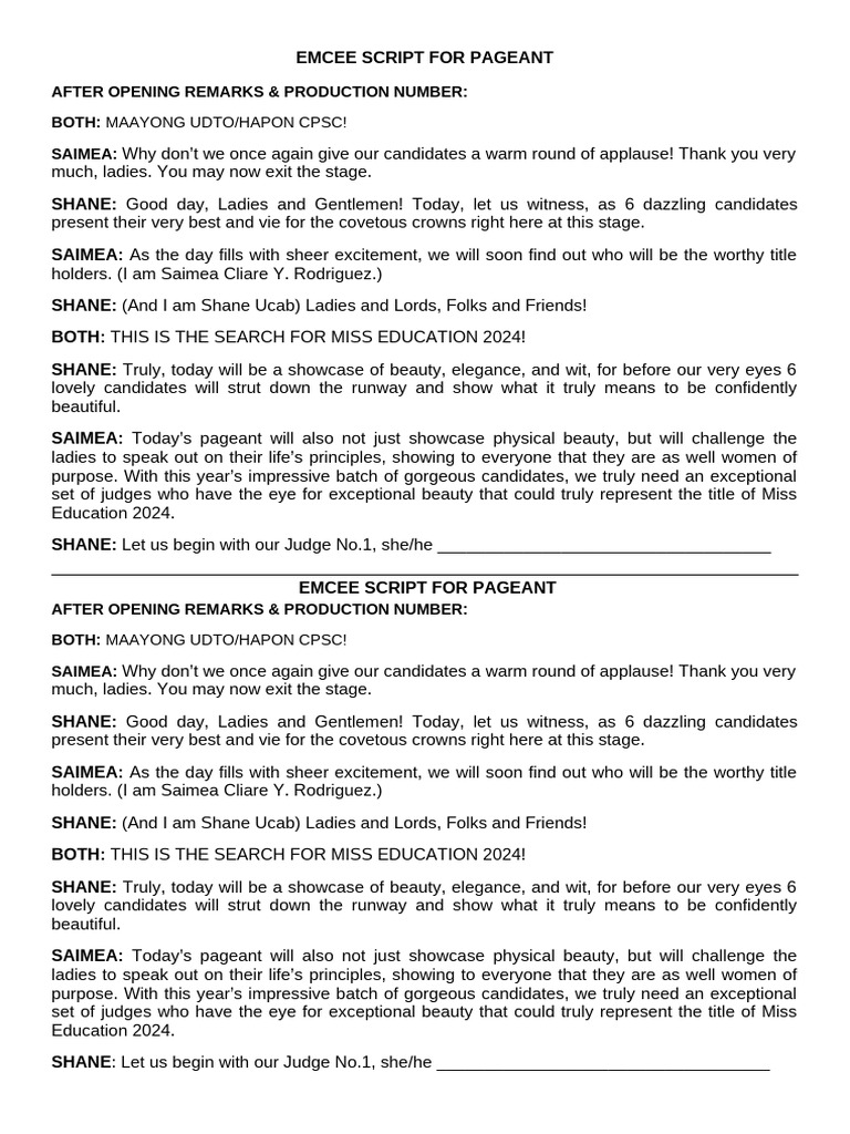 Emcee Script For Pageant | PDF | Career & Growth