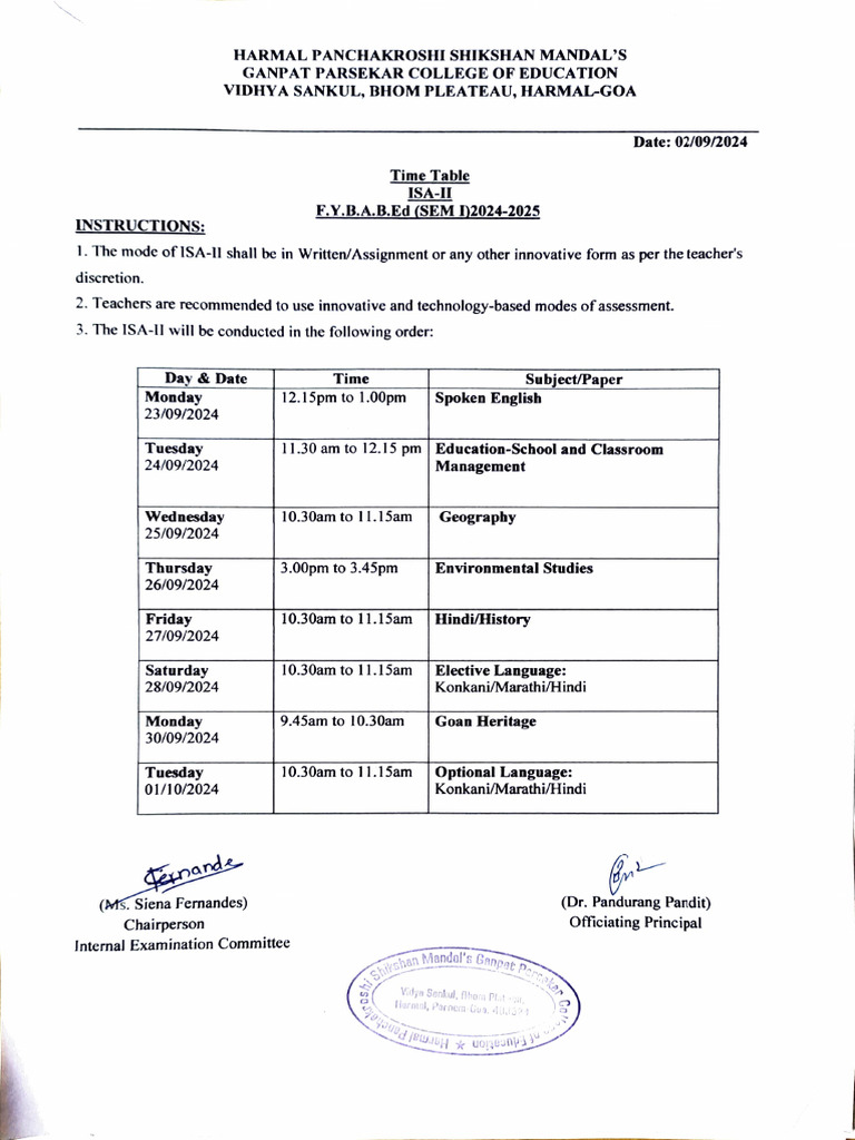ISA - 2 Time Table 24-25 | PDF