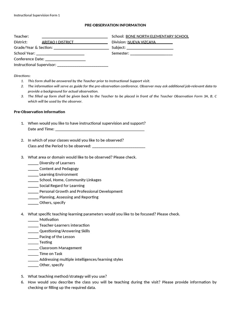 Instructional Supervision Form 1 | PDF