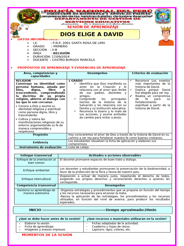 1º U6 S2 Sesion D1 Religion Dios Elige A David | PDF