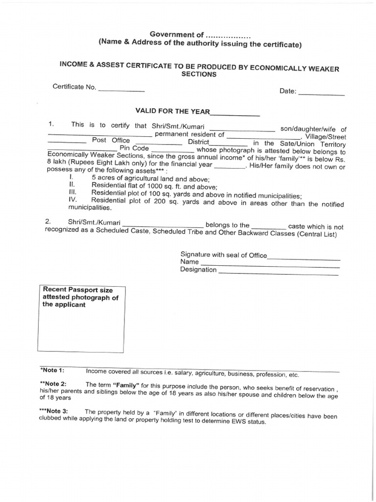 Format For EWS Certificate | PDF