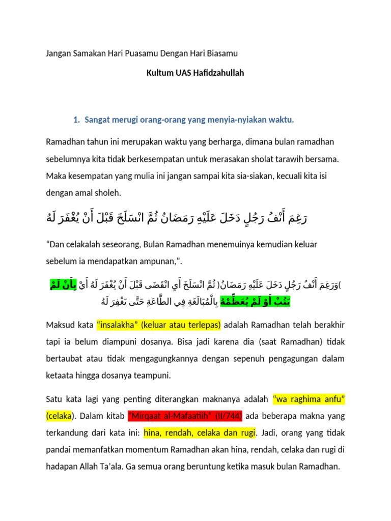 Jangan Samakan Hari Puasamu Dengan Hari Biasamu | PDF