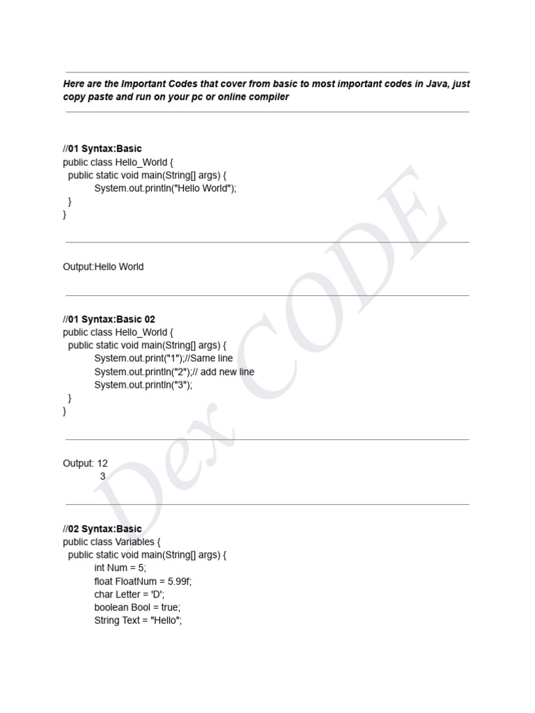 Java All Important Codes - Dex Code | PDF