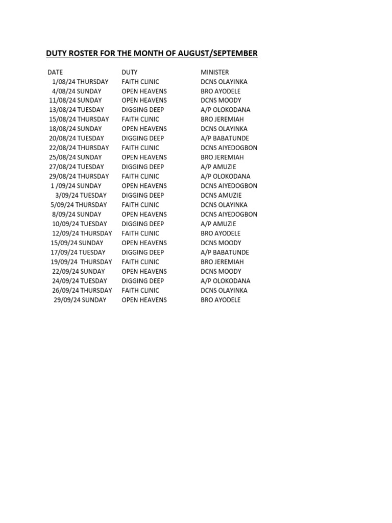 August-September Church Duty Roster | PDF | Foreign Language Studies ...