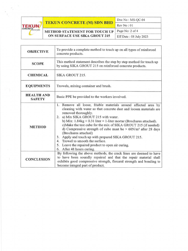 Method Statement - Touch Up Surface Use Sika Grout 215 | PDF