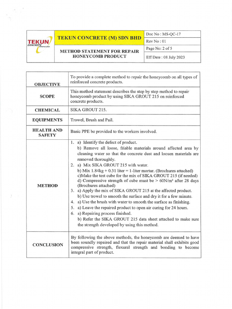 Method Statement - Repair Honeycomb Product Use Sika Grout 215 | PDF