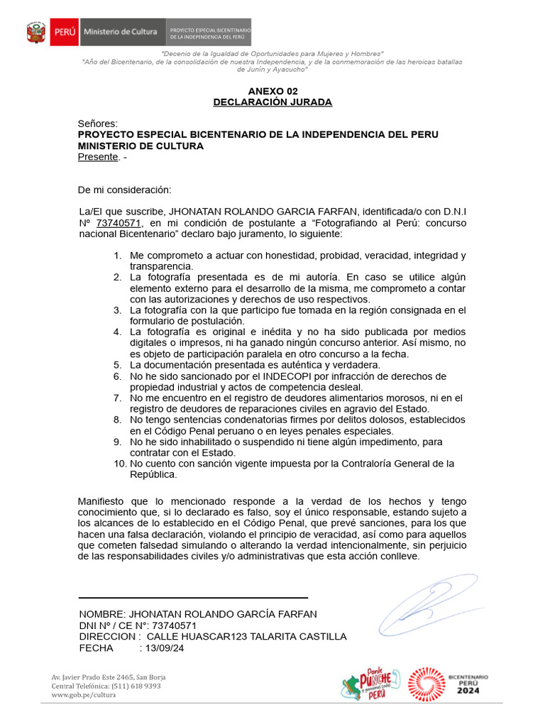 Anexo 02 - Declaración Jurada (1) | PDF