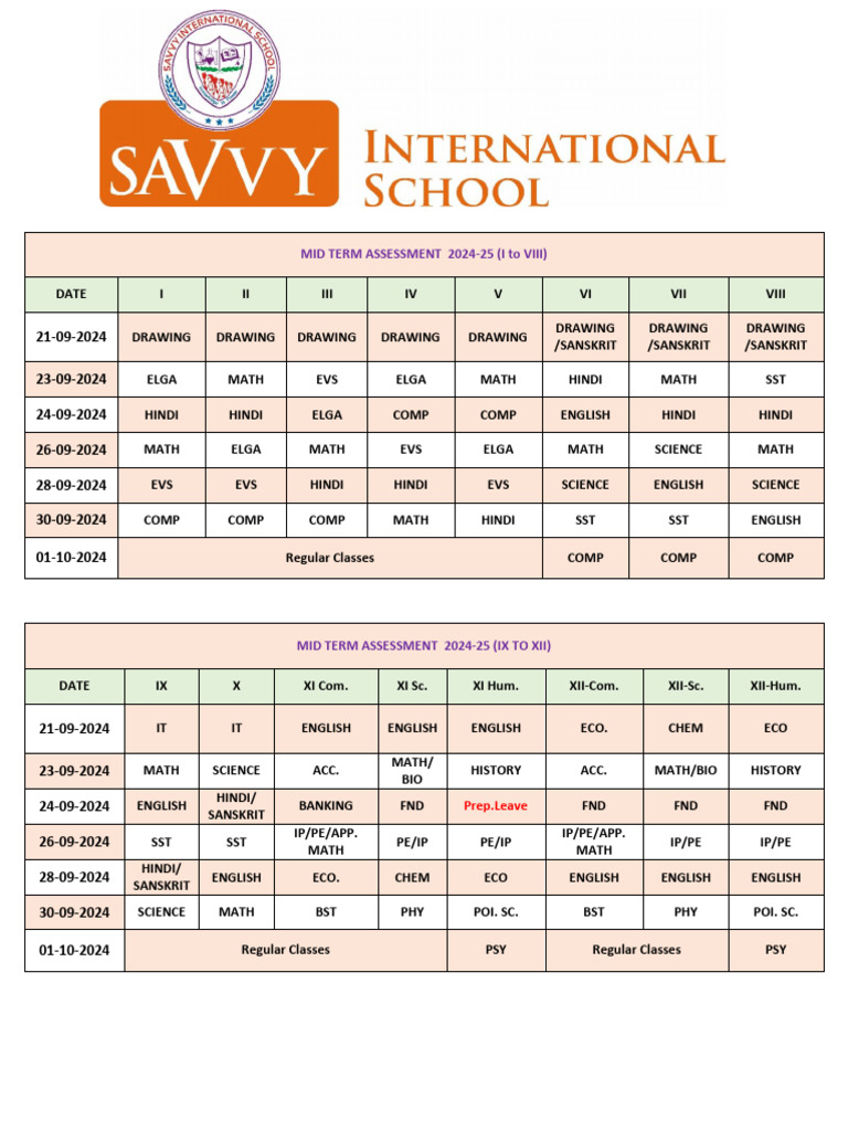 MID TERM Time Table I TO XII-2-1 | PDF