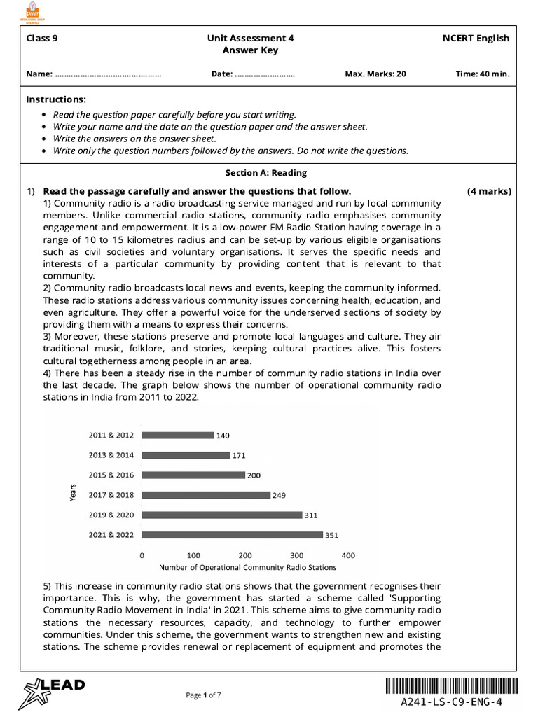 Class9 - NCERT English - ASM-1 - AnswerKey 3474 | PDF